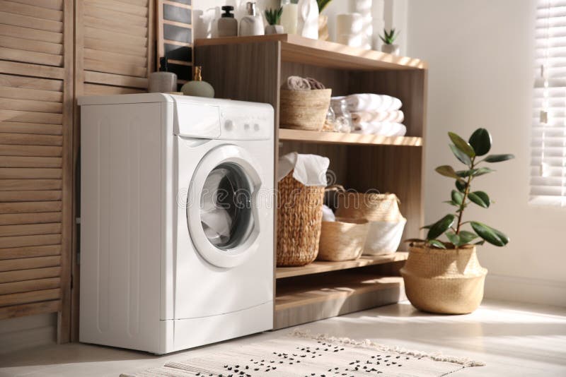 Washing Machine and Shelving Unit in Laundry Room Interior Stock Image ...