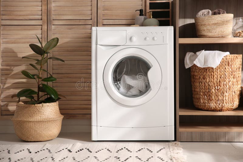 Washing Machine and Shelving Unit in Laundry Room Interior Stock Photo ...