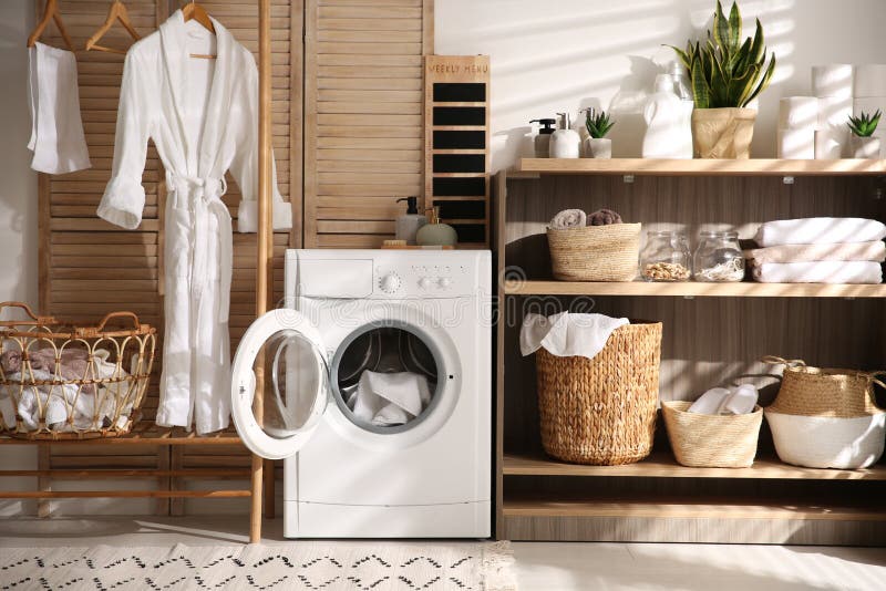 Washing Machine and Shelving Unit in Laundry Room Interior Stock Photo ...
