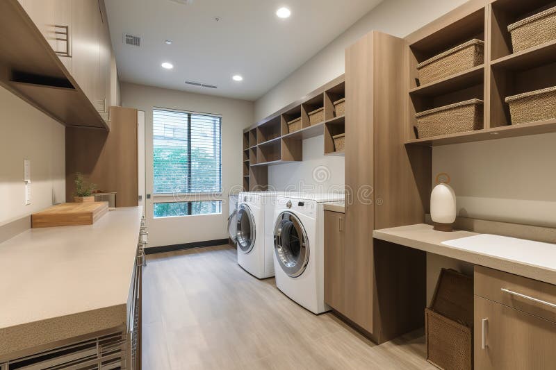 Modern Washing Machine and Shelving Unit in Laundry Room Interior ...