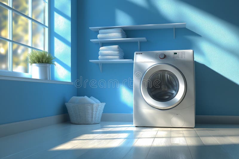 Modern Washing Machine and Shelving Unit in Laundry Room Interior Stock ...