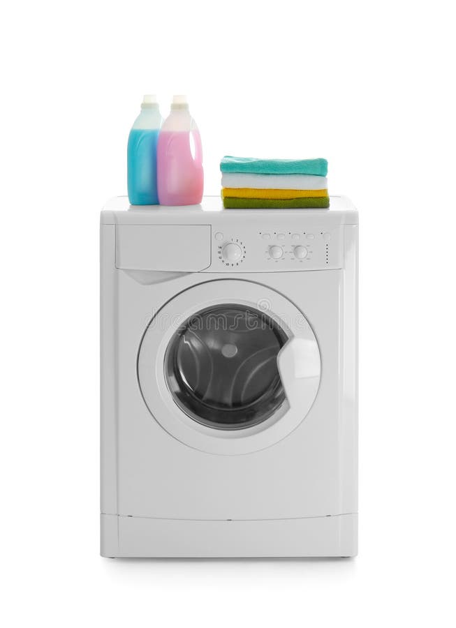 Modern Washing Machine, Stack of Towels and Detergents on White ...