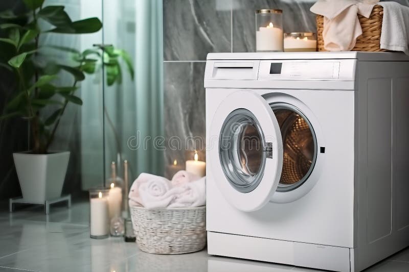 White Front Load Washing Machine Isolated on White Background. Modern ...