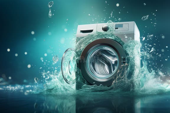 Modern Washing Machine with Water Splash on Blue Background Stock ...