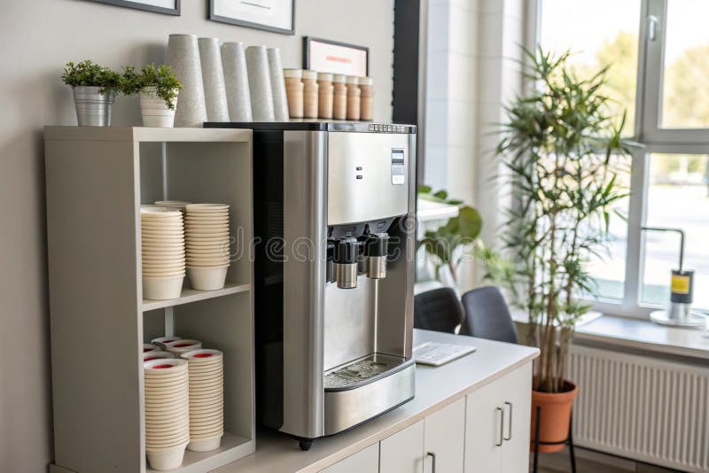 Modern Water Cooler with Paper Cups in Office Stock Illustration ...