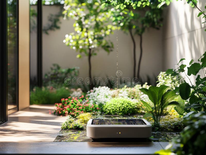 Modern Water Feature in a Lush Courtyard Stock Illustration ...