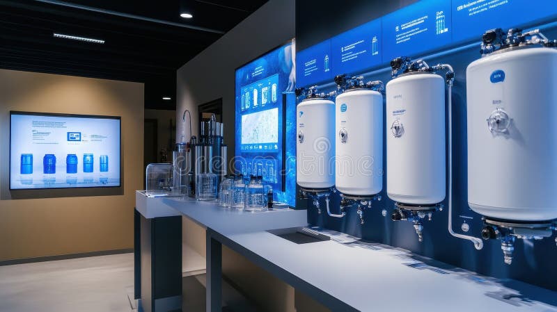 Modern Water Filtration Display with Tanks and Informational Screens ...
