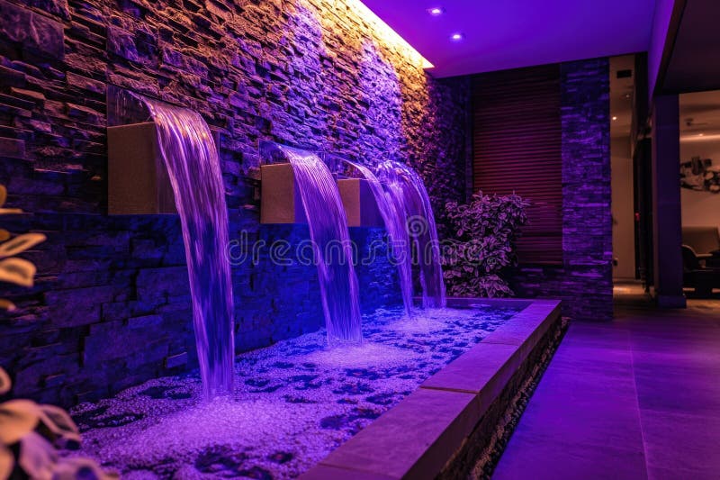 A Modern Water Fountain with Purple Lights Inside a Room Stock Image ...