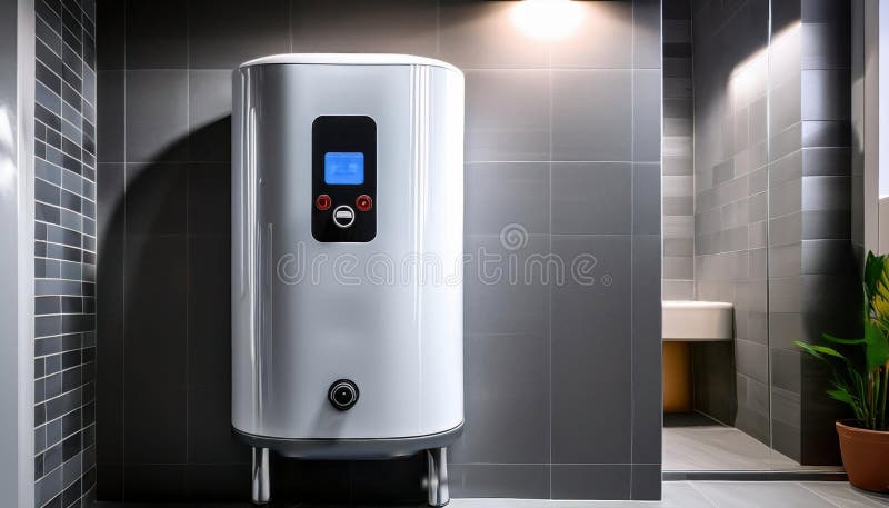 Modern Water Heater in a Tiled Bathroom with a Sleek Design and Digital ...