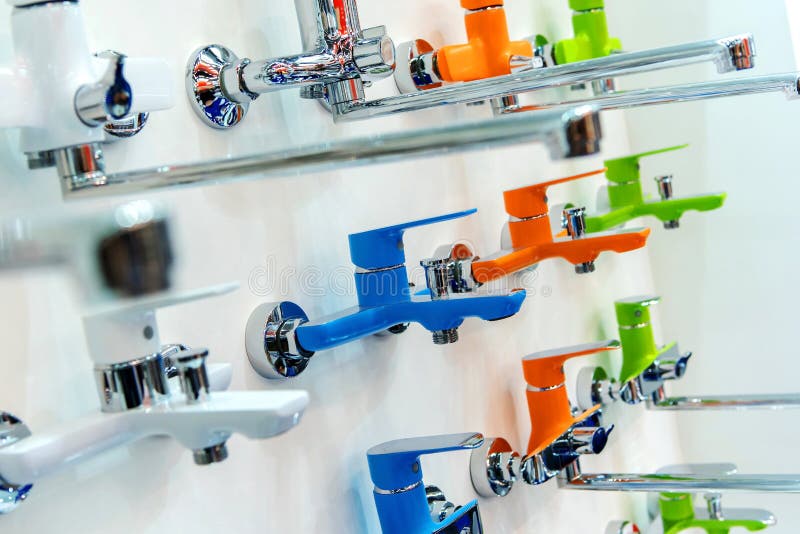 Modern Water Taps in Different Colors. Plumbing Trade in a Store Stock ...