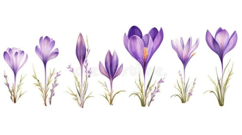 Modern Watercolor Crocus Collection on White Background . Stock ...