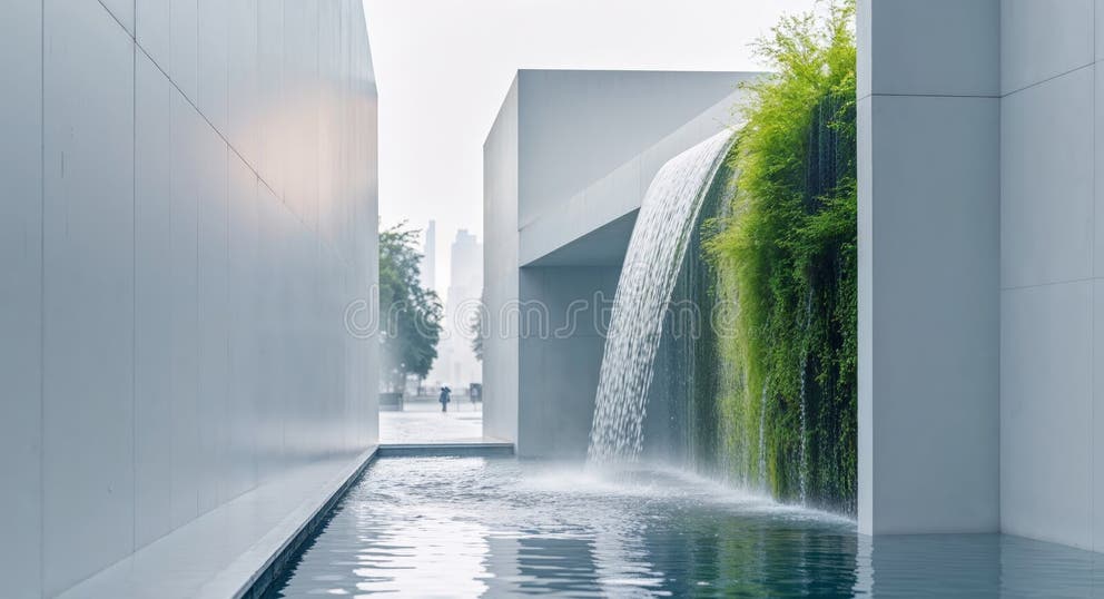 Modern Waterfall Feature in Urban Landscape Design. Stock Image - Image ...