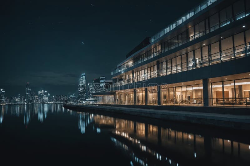 Modern Waterfront Building with City Skyline Reflections at Night Stock ...