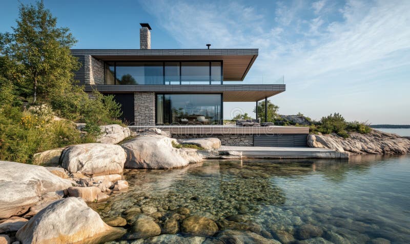 Modern Waterfront House with Stone and Glass Design Overlooking Clear ...