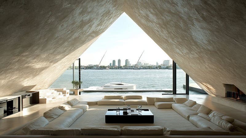 Modern Waterfront Living Room, Triangular Architecture, City View ...