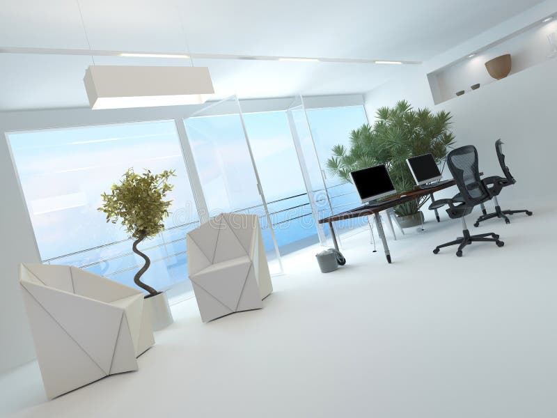 Modern Waterfront Office Overlooking the Sea Stock Illustration ...