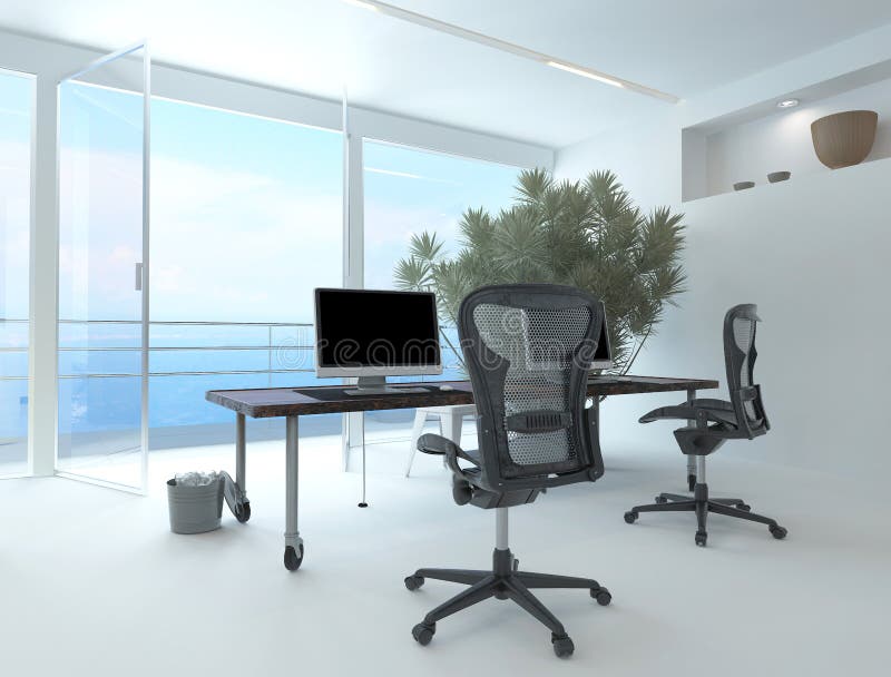 Modern Waterfront Office Overlooking the Sea Stock Illustration ...