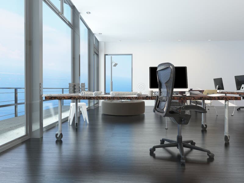 Modern Waterfront Office Overlooking the Sea Stock Illustration ...