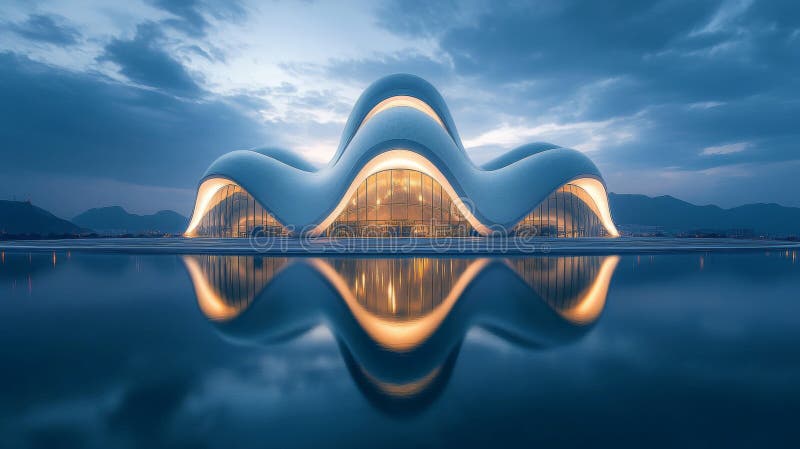 Modern Wave Shaped Building Reflecting in Water Stock Illustration ...