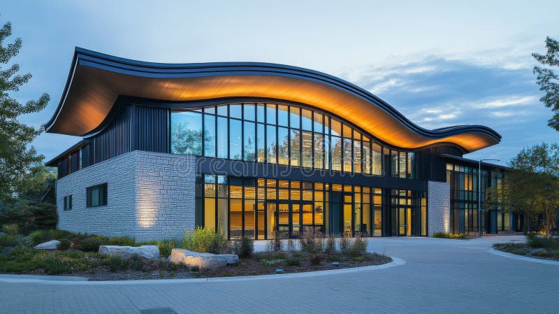 Modern Wave Shaped Building with Stone and Glass Exterior at Dusk Stock ...