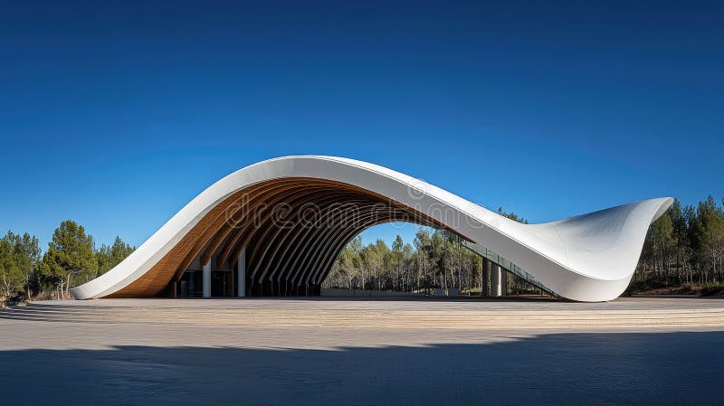Modern Wave-Shaped Pavilion with Wooden Supports Under Clear Blue Sky ...