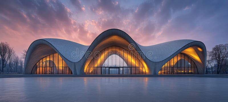 Modern Wavy Architectural Design of Building Illuminated at Twilight ...