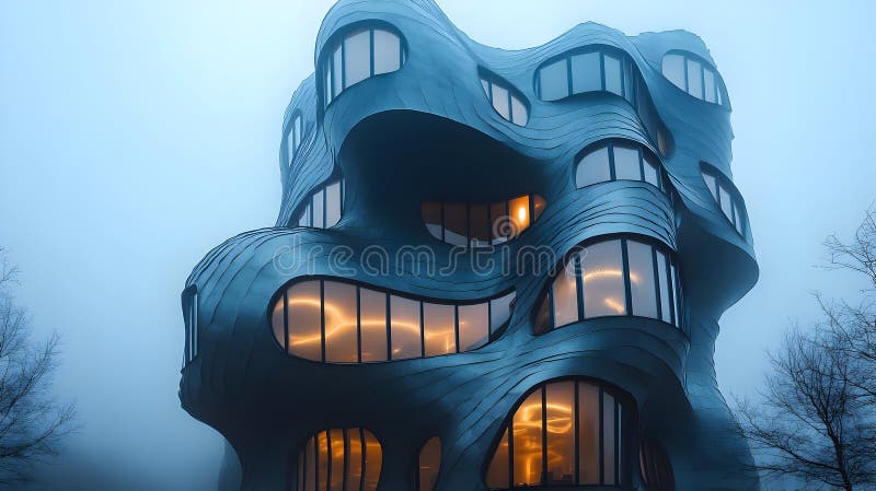 A Modern, Wavy Architectural Structure Illuminated in Fog Stock ...