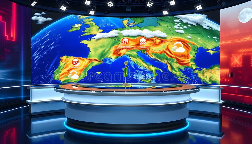Modern Weather Broadcast Studio with Interactive World Map Display ...