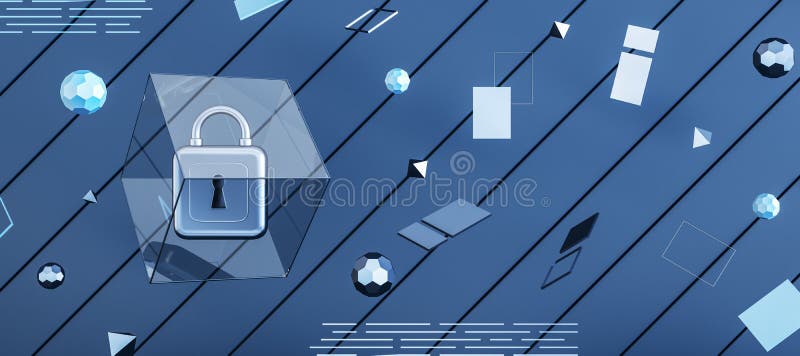 Modern Web Protection Wide Blue Background with Padlock and Other Icons ...