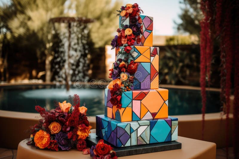 Modern Wedding Cake with Geometric Shapes and Vibrant Colors Stock ...