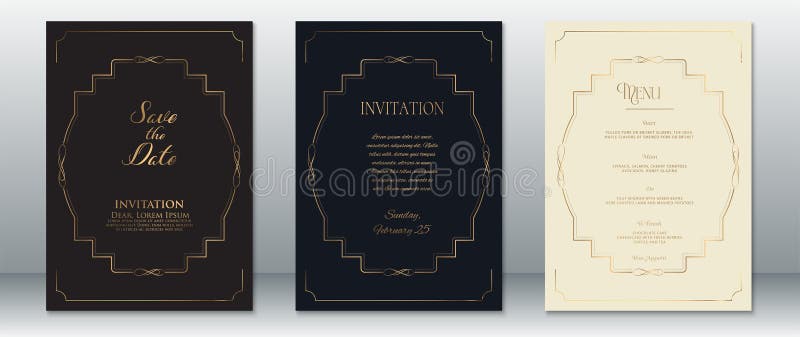 Elegant Wedding Invitation and Menu Card Set Featuring Geometric Gold ...