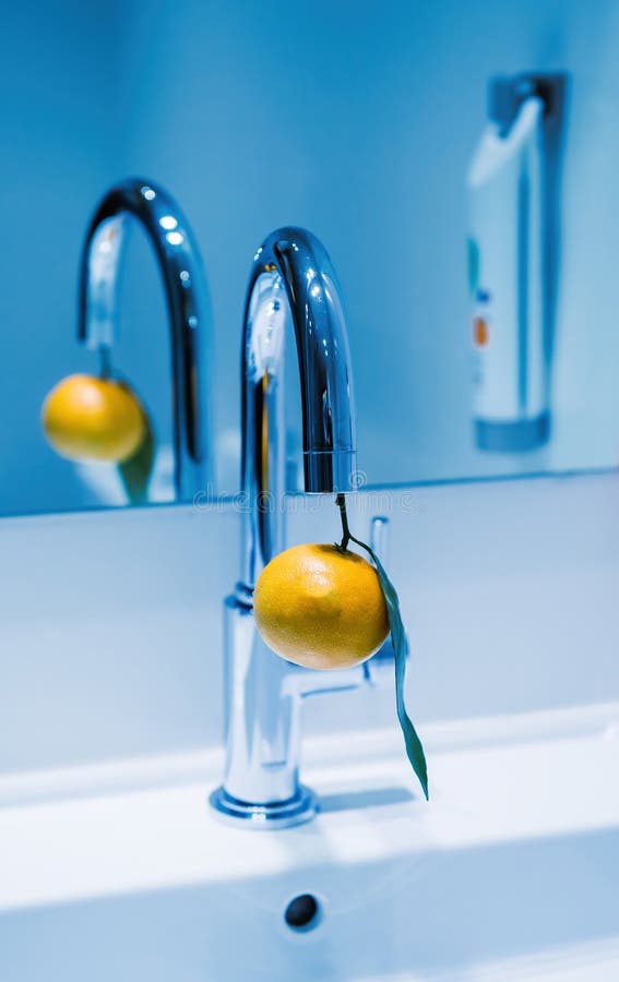 Modern Weird Bathroom with Orange Fruit Growing from the Water Tap ...
