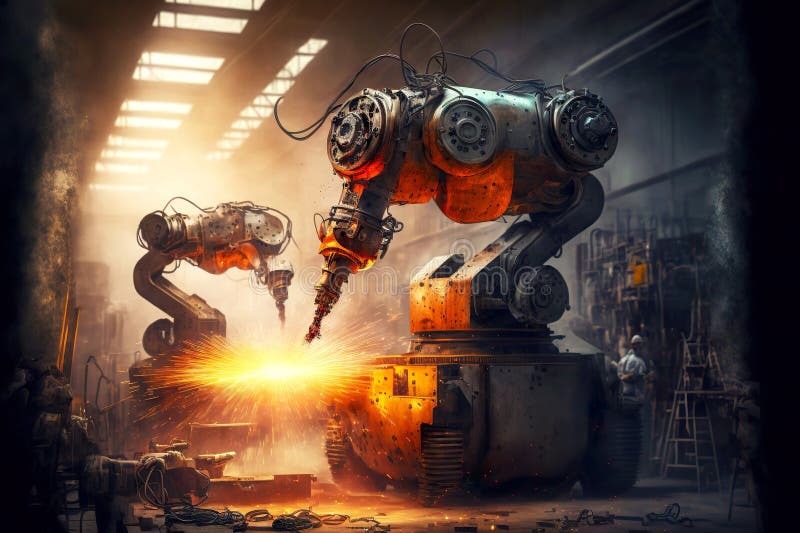 Modern Welding Machines and Robots Work in Workshop of Automotive ...