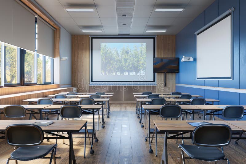 A Modern, Well-lit Classroom with Interactive Panels and AI Assistants ...