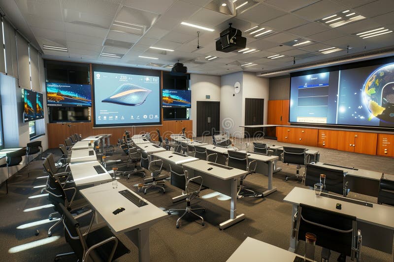A Modern, Well-lit Classroom with Interactive Panels and AI Assistants ...