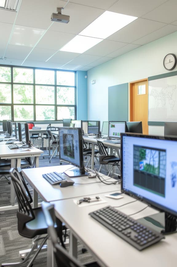 Modern, Well-lit Computer Lab with Multiple Workstations. Stock Image ...