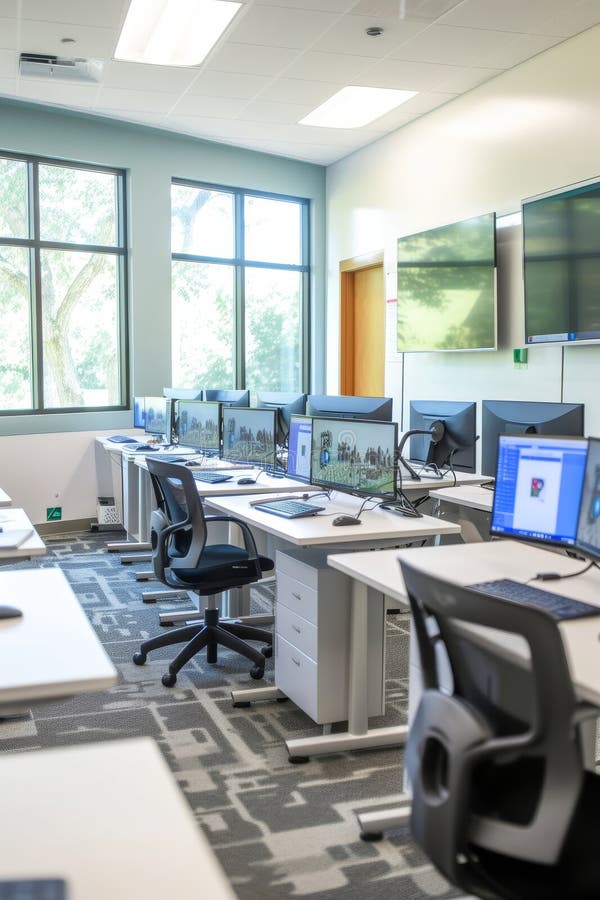 Modern, Well-lit Computer Lab with Multiple Workstations. Stock Photo ...