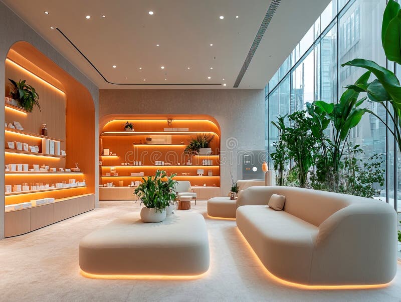 Modern, Well-lit Interior Space with Shelving Units, Two Sofas, a ...