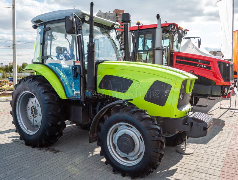 Modern Wheeled Tractors in the Parking Stock Image - Image of rural ...