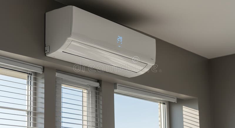 Modern White Air Conditioner Installed Below Window with Blinds ...