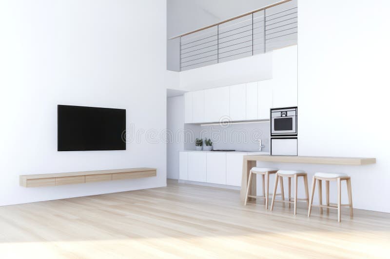 Modern White Apartment Interior - 3D Render Panoramic View Stock ...