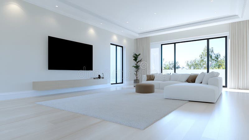 Modern White Apartment Interior - 3D Render Panoramic View Stock ...