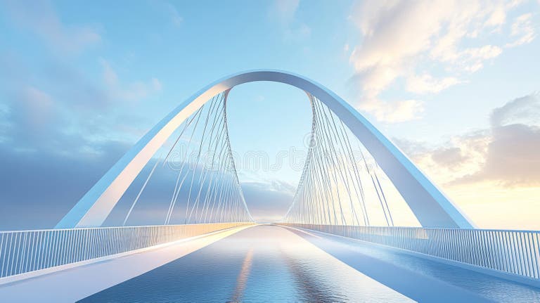 Modern White Arch Bridge with Cable Stays and Blue Sky Stock ...