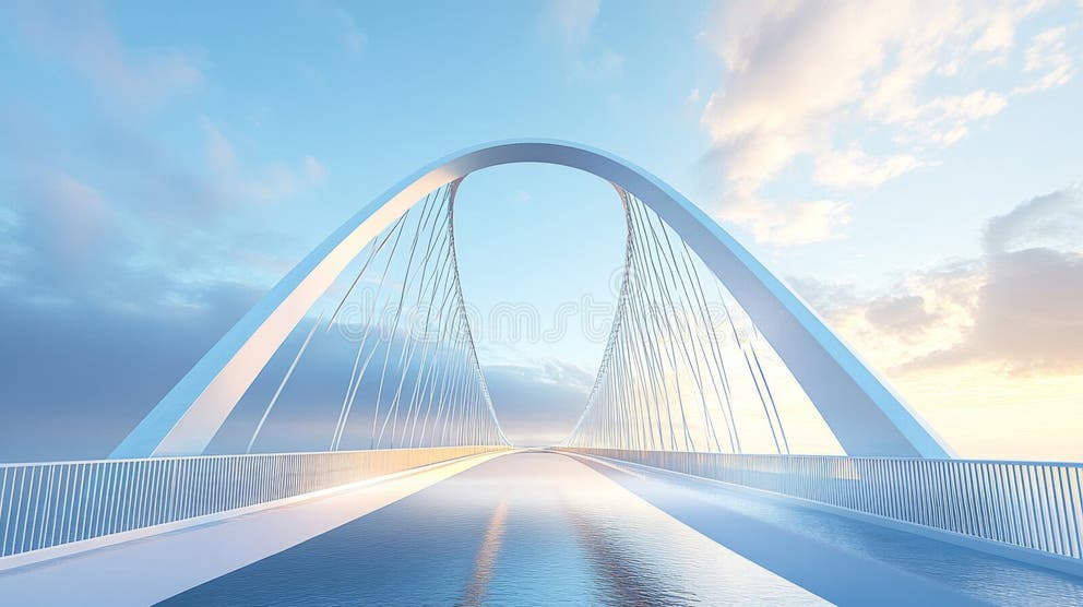 Modern White Arch Bridge with Cable Stays and Blue Sky Stock ...