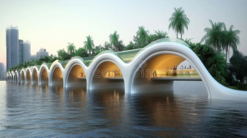 Modern White Arch Bridge Over Water with Palm Trees and Cityscape in ...
