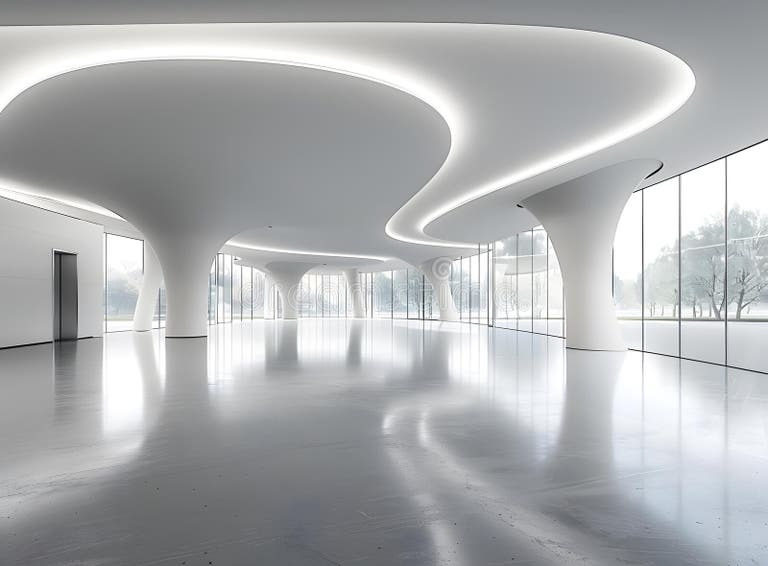 Modern White Architecture Interior Design with Curved Ceiling and Large ...