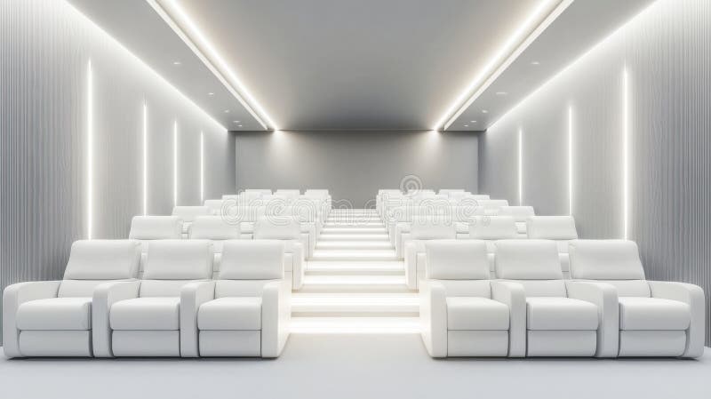 Modern White Auditorium with Rows of Comfortable Seating in Minimalist ...