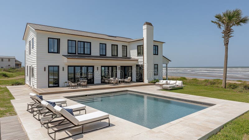 Modern White Beach House with Pool and Ocean View Stock Image - Image ...