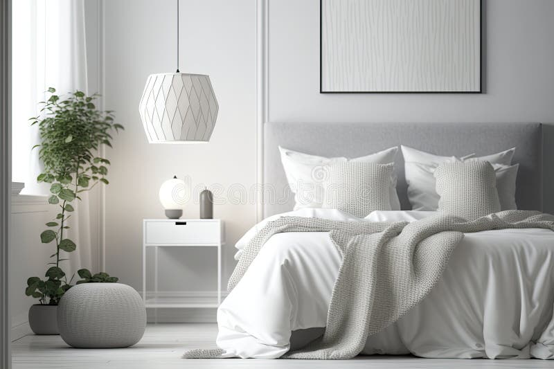 Modern White Bedroom Interior Close Up with Minimal Decor, Stock ...
