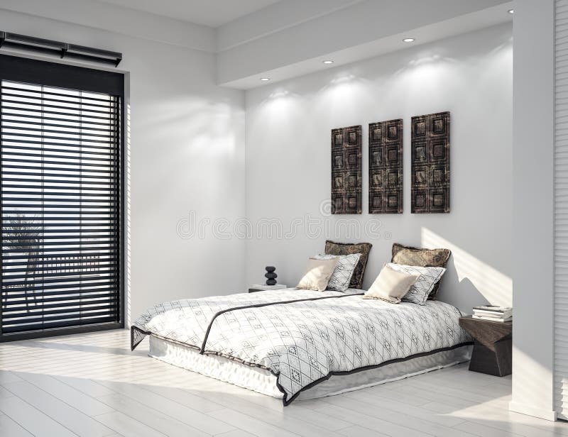 Modern White Bedroom Interior Close Up with Minimal Decor Stock ...